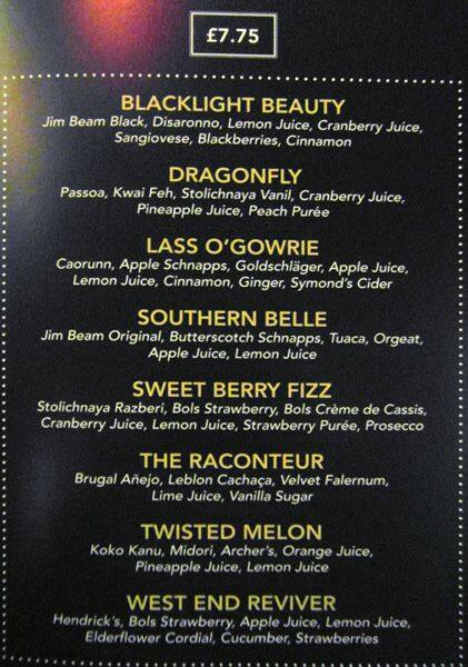 Menu at The Angels Share Hotel and Bar, Edinburgh