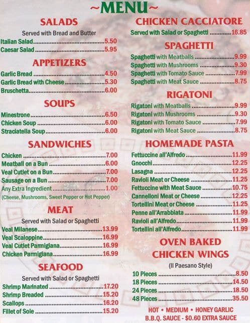 Menu at Il Paesano Pizzeria & Restaurant, Toronto