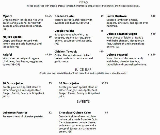 Menu at Nuba in Gastown restaurant, Vancouver, 207 W Hastings St