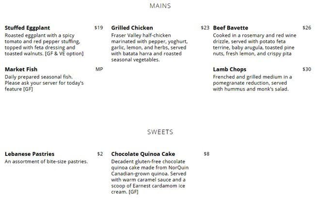 Menu at Nuba in Gastown restaurant, Vancouver, 207 W Hastings St