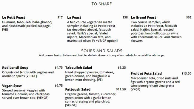 Menu at Nuba in Gastown restaurant, Vancouver, 207 W Hastings St