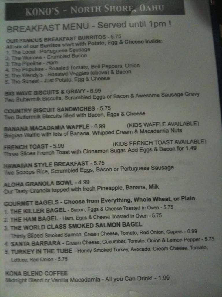 Menu at Kono's restaurant, Haleiwa, 66-250 Kamehameha Hwy