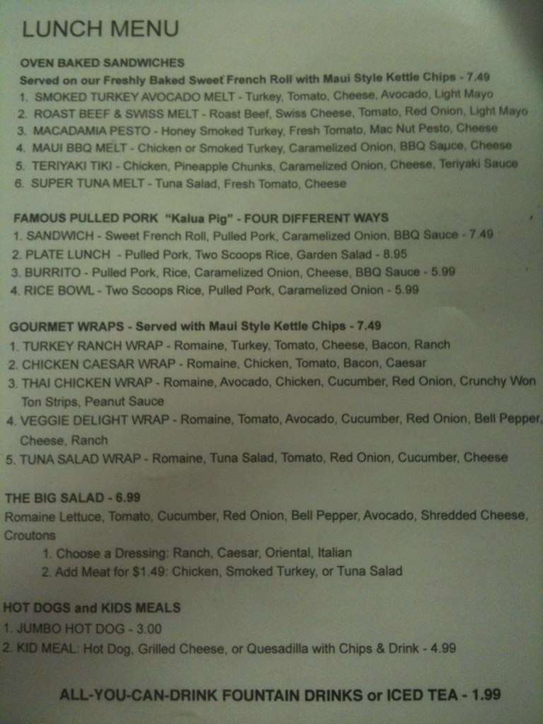Menu at Kono's restaurant, Haleiwa, 66-250 Kamehameha Hwy