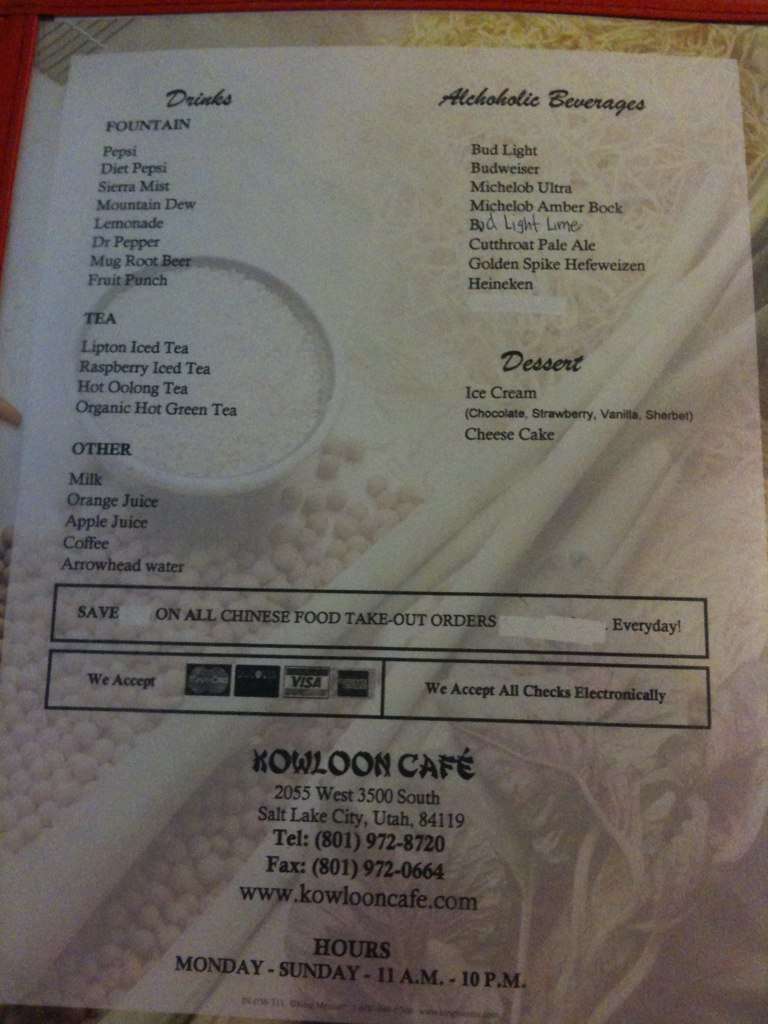 Menu at Kowloon Cafe, West Valley City