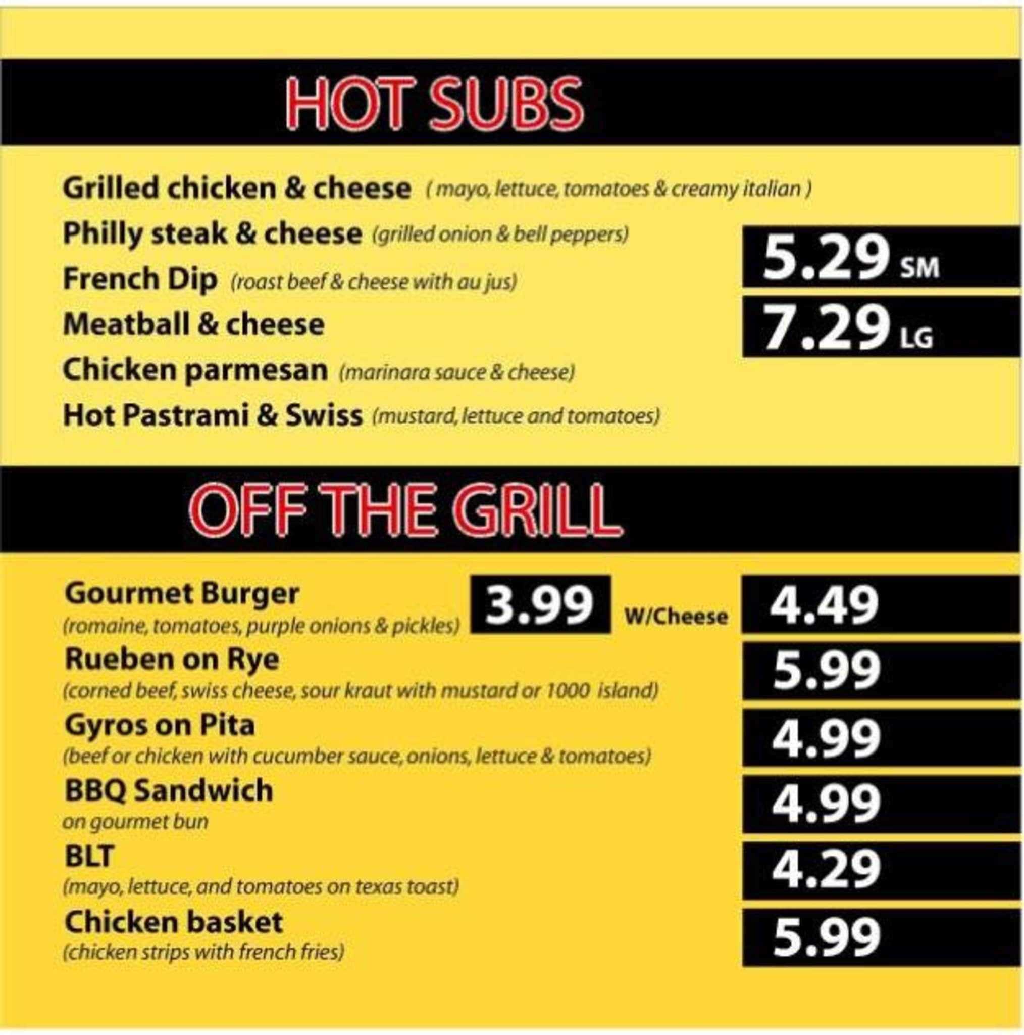 Menu at Bill & Ruth's Subs and Burgers Pryor restaurant, Pryor