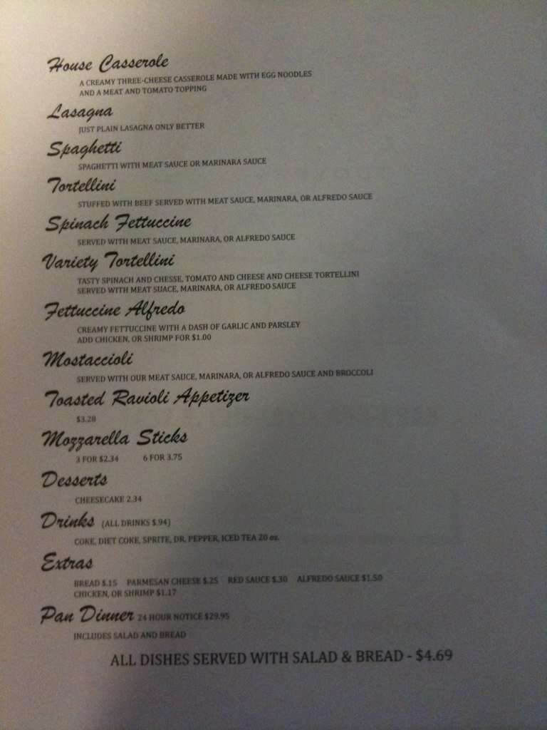 Menu at Ott's Pasta Carry Out restaurant, Springfield