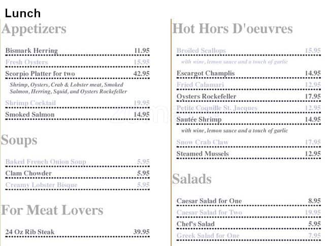 Menu at Scorpio Seafood & Steak House steakhouse, Mississauga