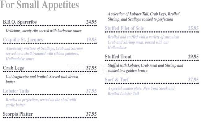 Menu at Scorpio Seafood & Steak House steakhouse, Mississauga