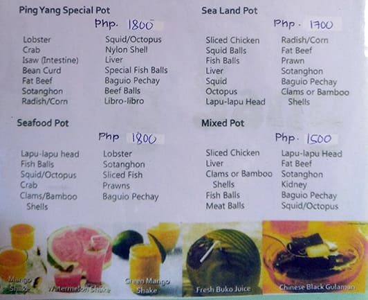 Menu at Ping Yang, Manila