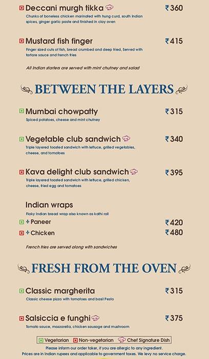 Menu at Kava, Indore