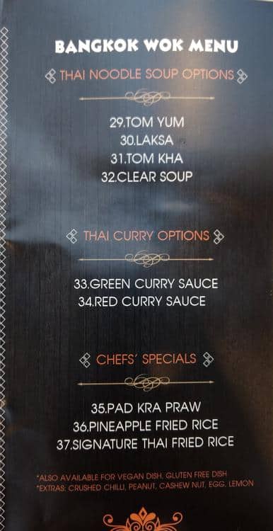 Menu at Bangkok Wok restaurant, Sydney