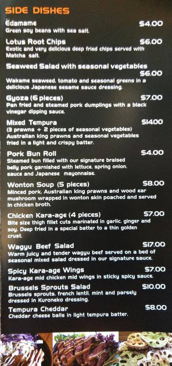 Menu at Kuroneko Ramen restaurant, Sutherland