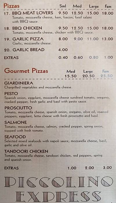Menu at Piccolino Express (takeaway) pizzeria, Burwood East