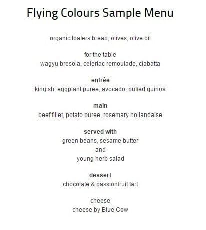 Menu at Flying Colours Restaurant, Ascot