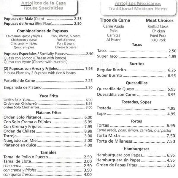 Menu at La Pinata Salvadorian Restaurant, San Mateo