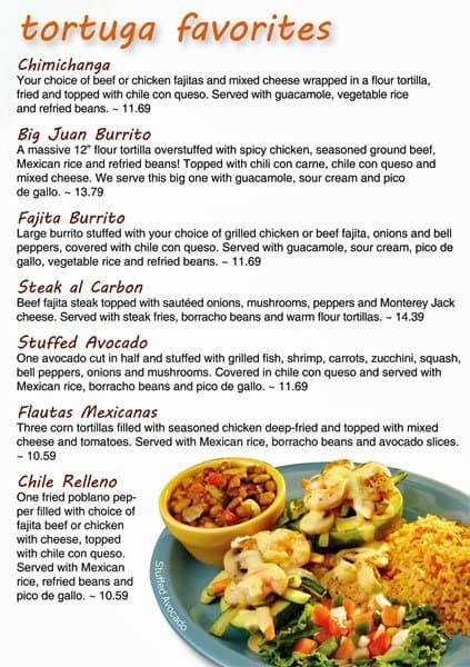 Menu at Tortuga Mexican Kitchen restaurant, Galveston