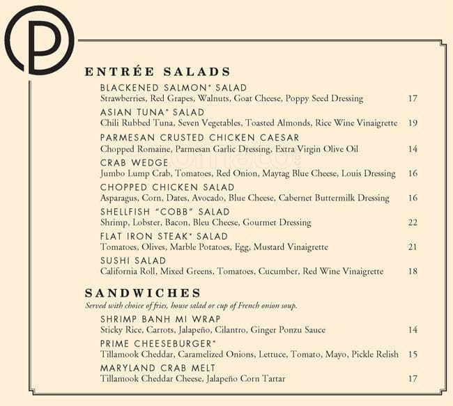 Menu at Ocean Prime restaurant, Dallas