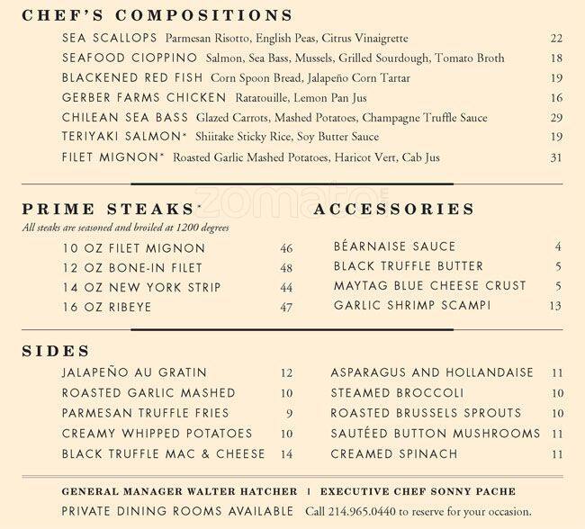 Menu at Ocean Prime restaurant, Dallas