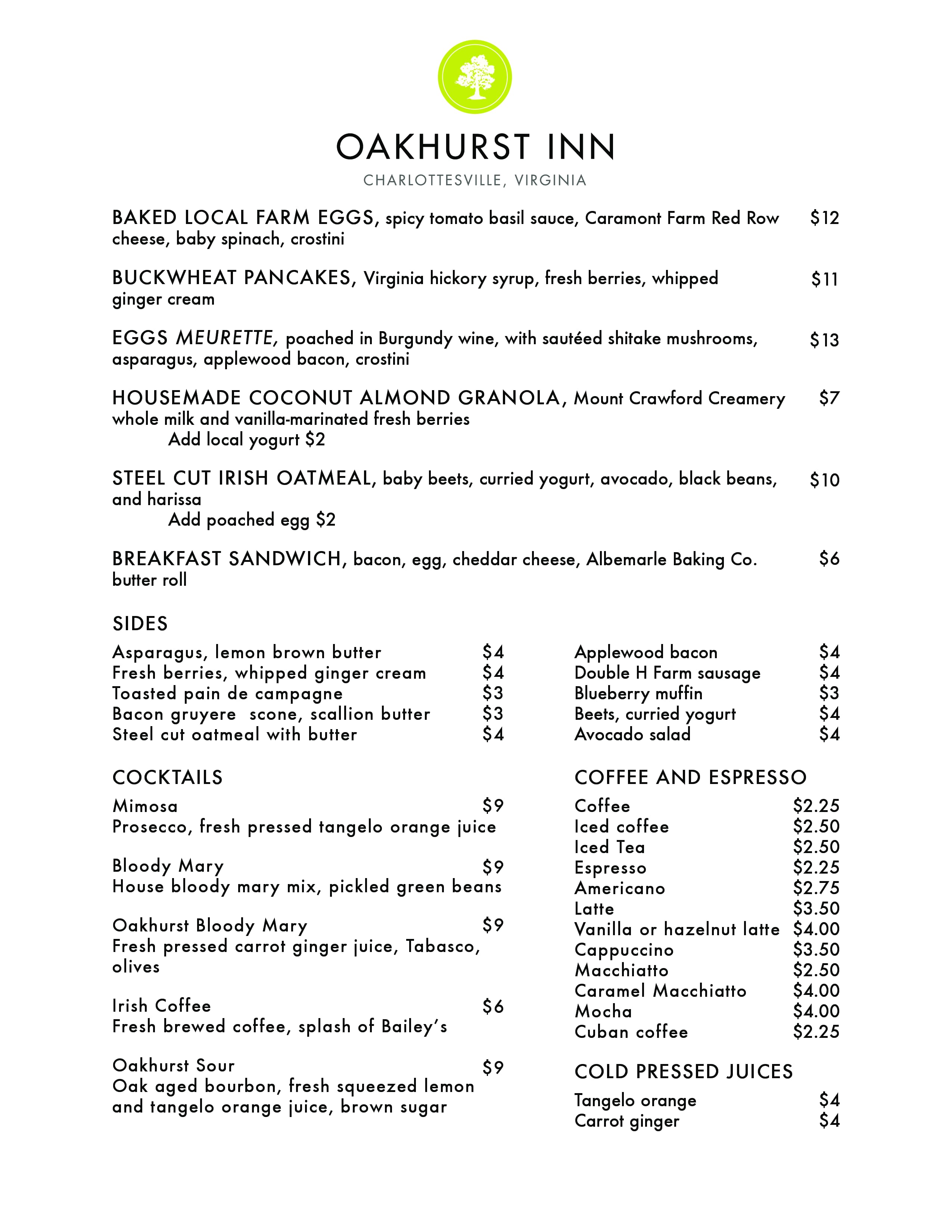 Menu at Oakhurst Inn Cafe & Espresso Bar, Charlottesville