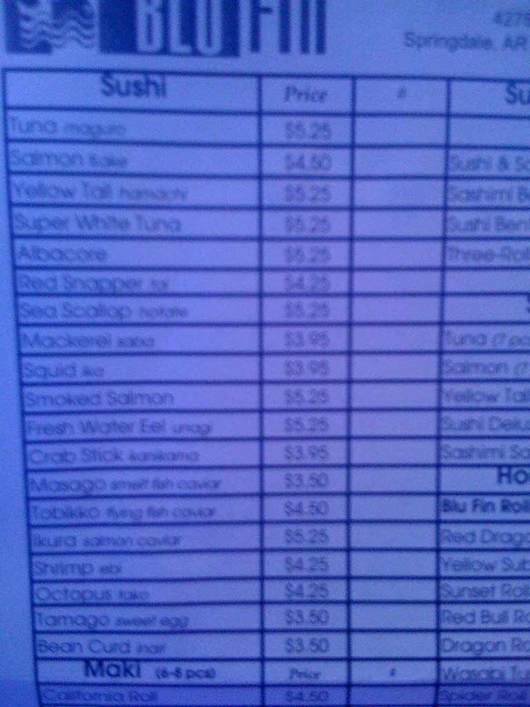 Menu at Blu Fin Sushi & Bar, Springdale