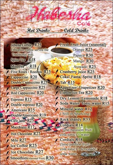 Menu at Habesha restaurant, Durban
