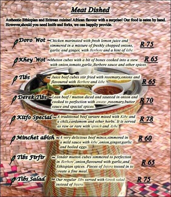 Menu at Habesha restaurant, Durban