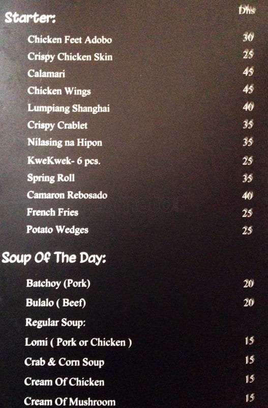 Menu at Manila 21 club, Dubai, Al Rigga Rd