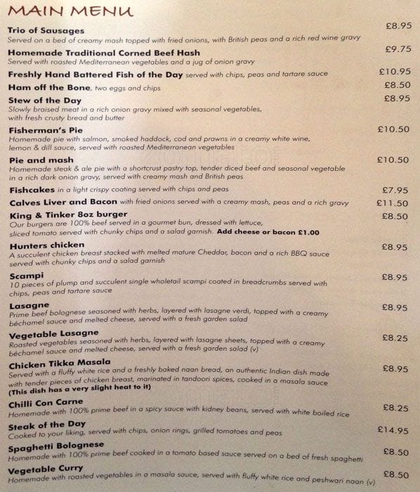 Menu at The King and Tinker pub & bar, Enfield