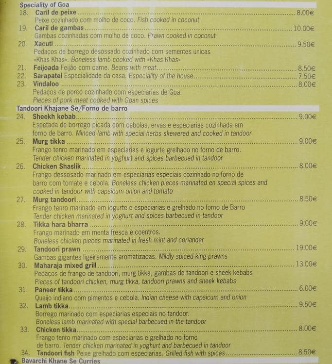 Menu at Cinnamon Alges restaurant, Algés