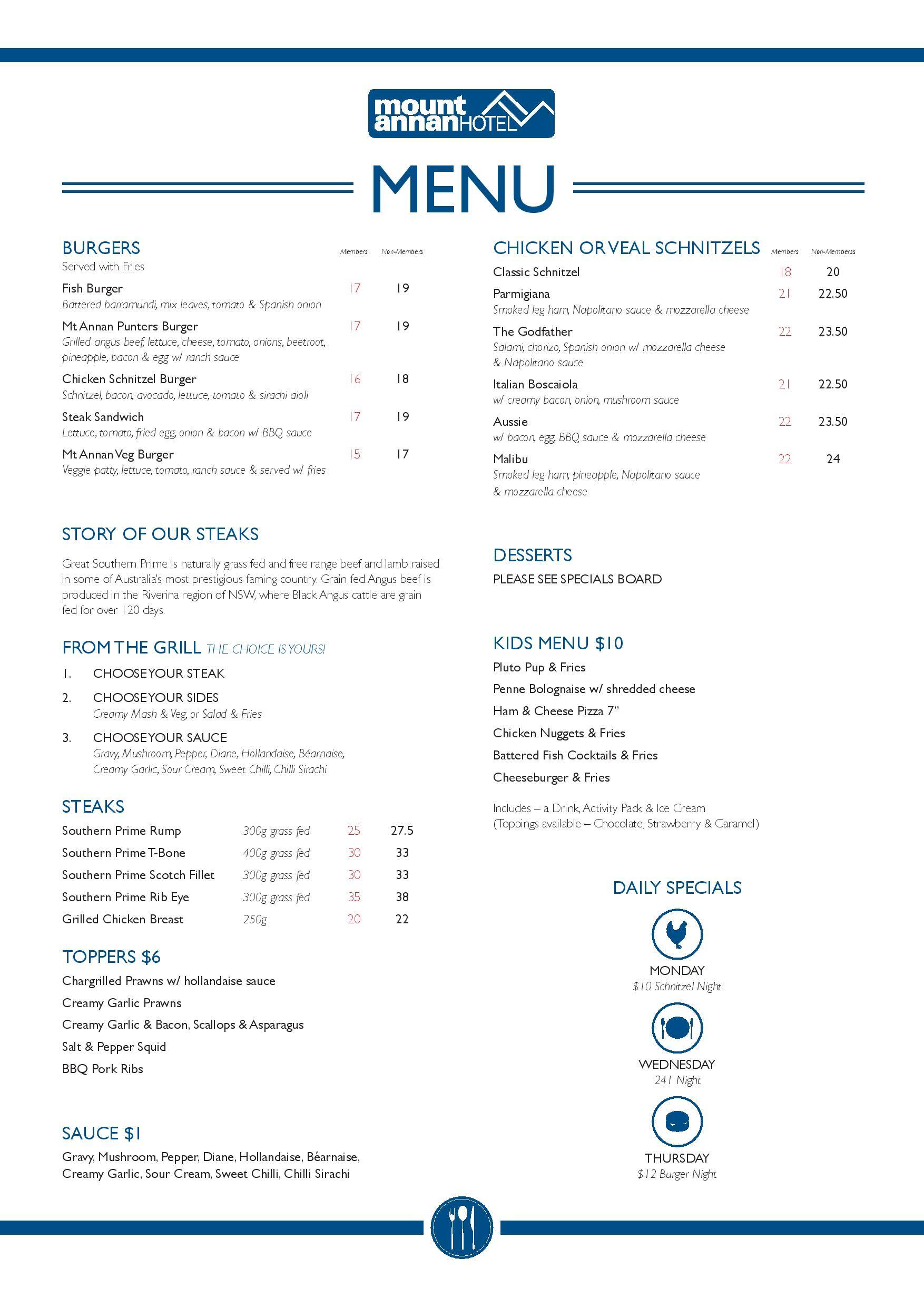 Menu at Mt Annan Hotel pub & bar, Mount Annan