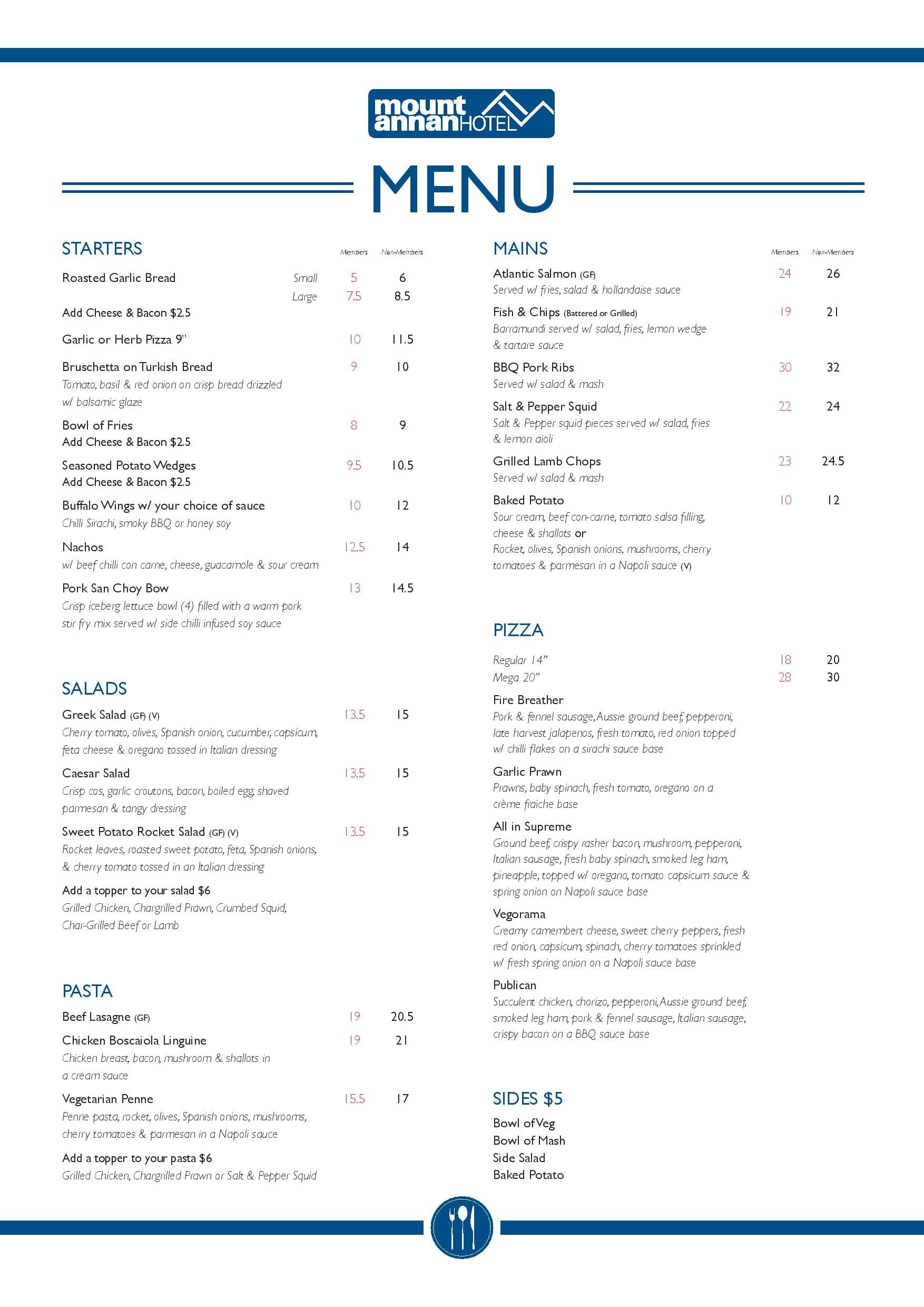 Menu at Mt Annan Hotel pub & bar, Mount Annan