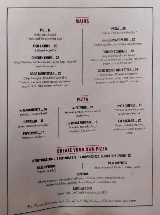 Menu at The Flying Scotsman restaurant, Mount Lawley, 1/639 Beaufort St