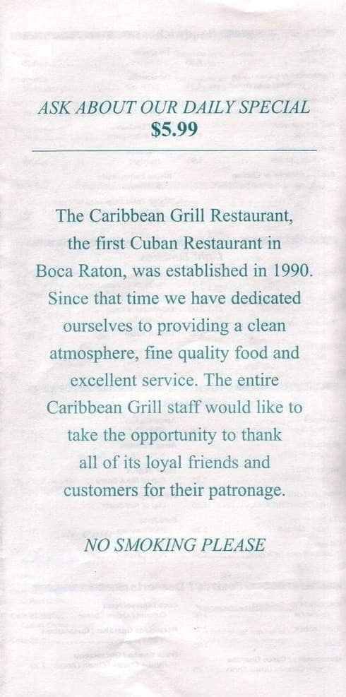 Menu at Caribbean Grill Cuban Restaurant- Boca Raton, Boca Raton