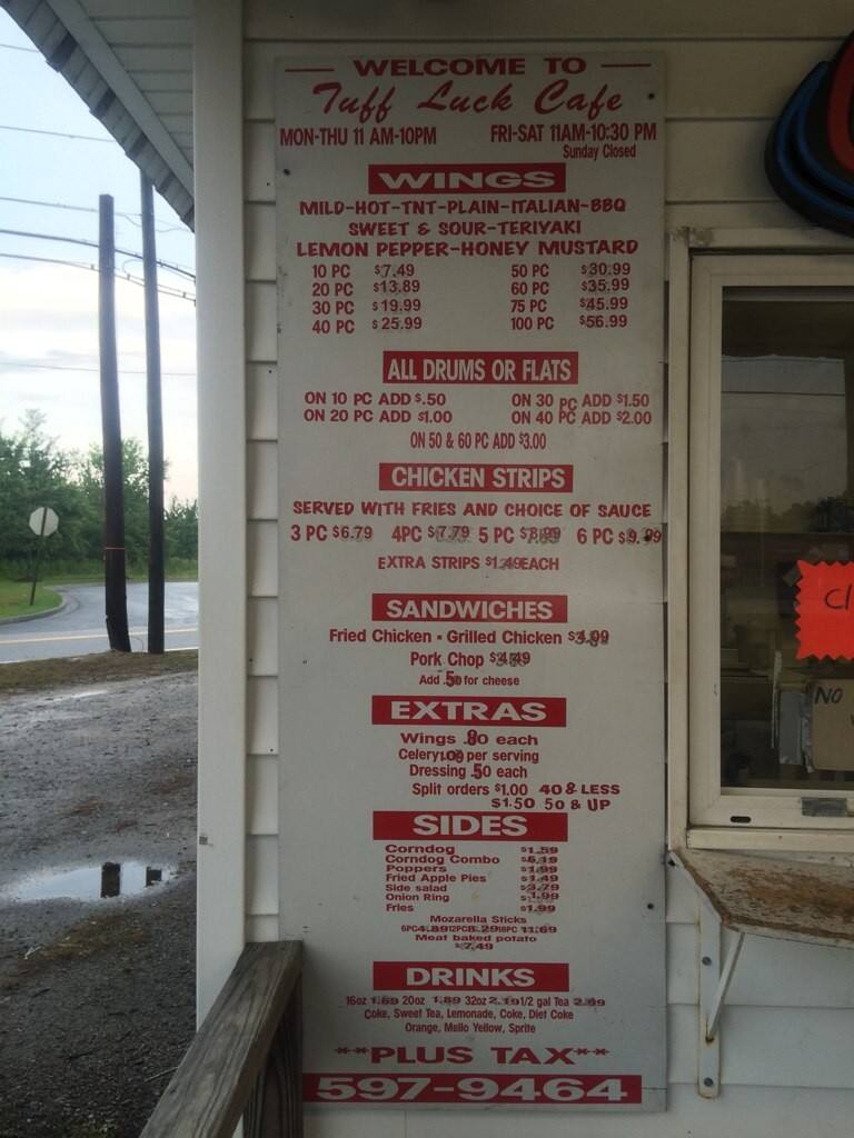 Menu at Tuff Luck Cafe, Thomson