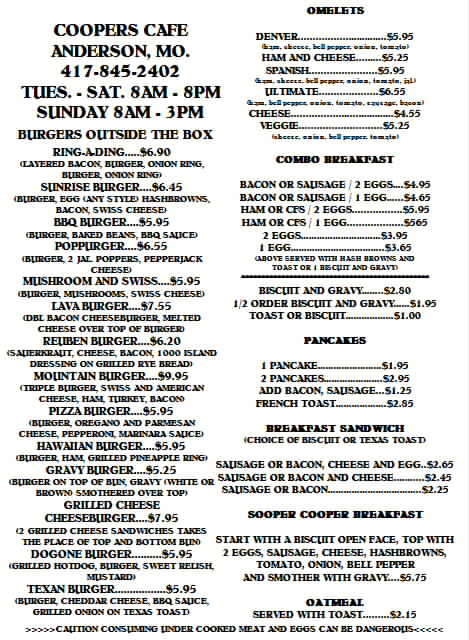 Menu at Cooper's Café cafe, Anderson