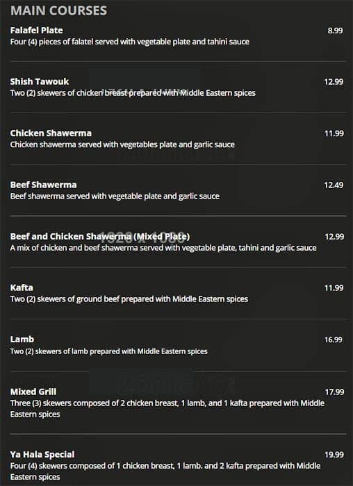 Menu at Ya Hala Restaurant, Mississauga, Lakeshore Rd W