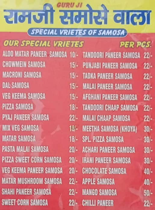 Menu at Ram-G Samosa Wale, New Delhi
