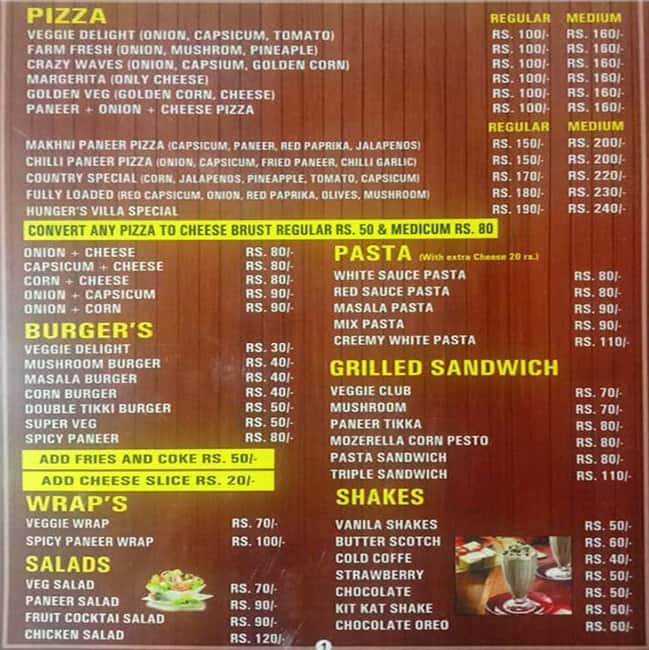 Menu of Hunger's Villa, Rama Mandi, Jalandhar