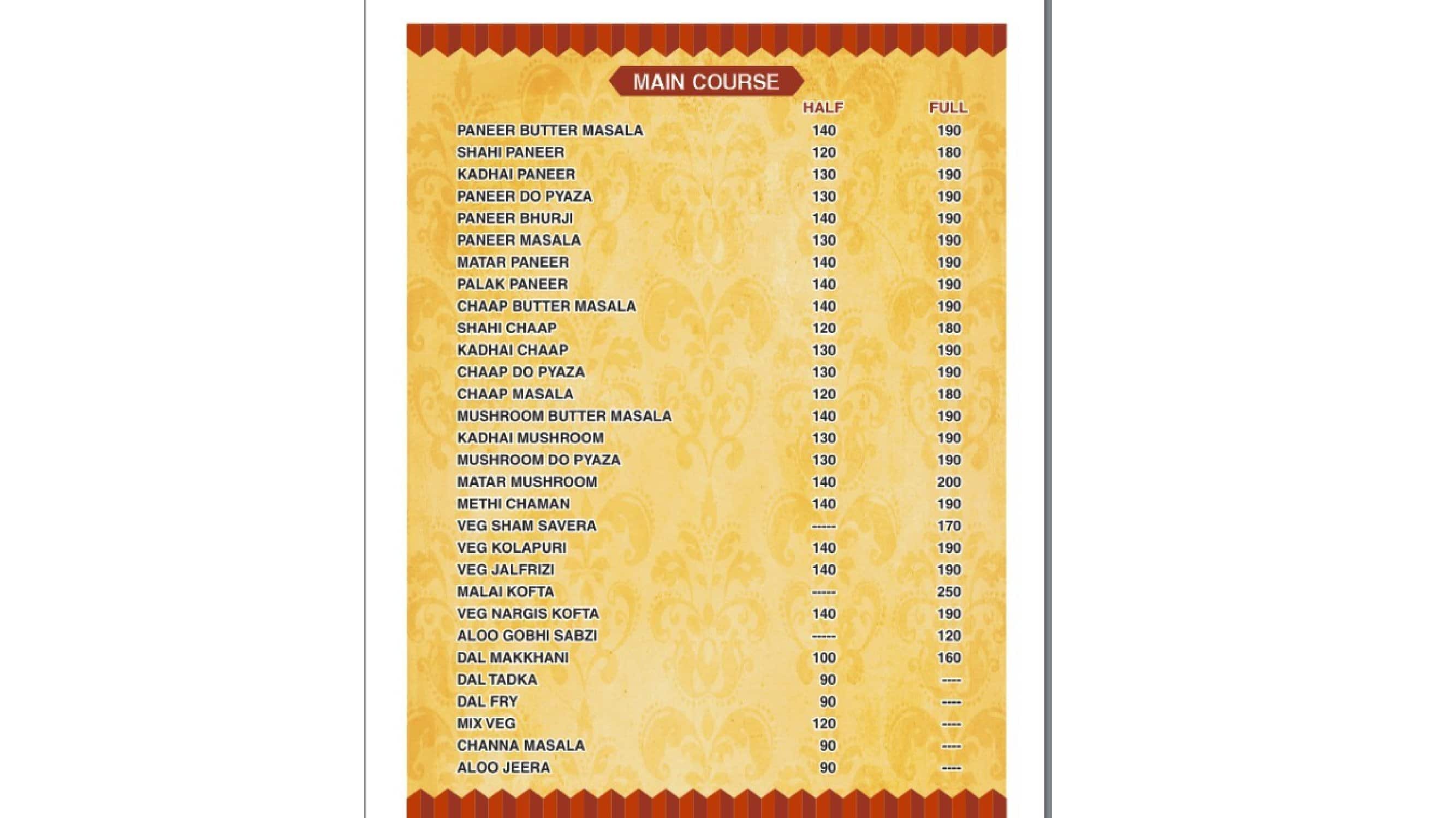 Menu of Rajdhani Thali, Ranipur, Haridwar