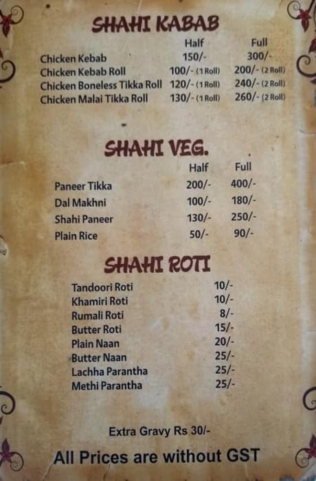 Menu of Shahi Foods, Karol Bagh, New Delhi