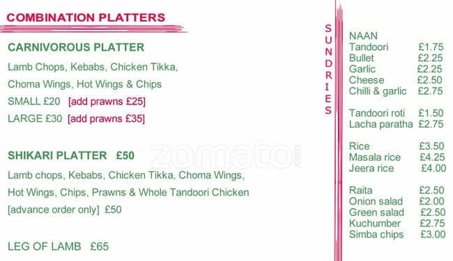 Menu at The Pink Simba restaurant, Harrow