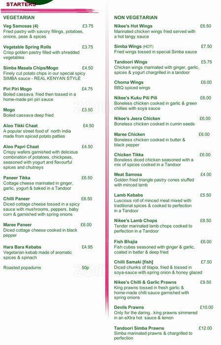 Menu at The Pink Simba restaurant, Harrow