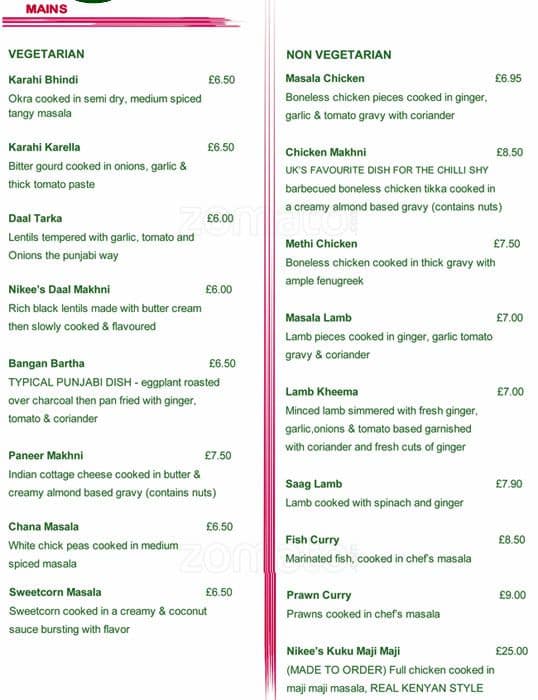 Menu at The Pink Simba restaurant, Harrow