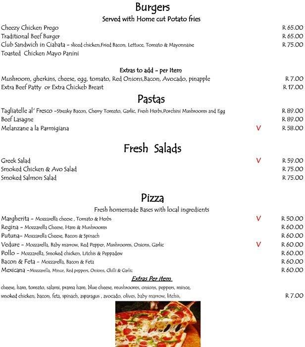 Menu at Cradle Moon Lakeside Game Lodge restaurant, Roodepoort