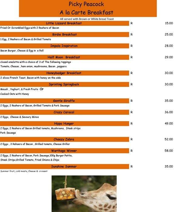 Menu at Cradle Moon Lakeside Game Lodge restaurant, Roodepoort