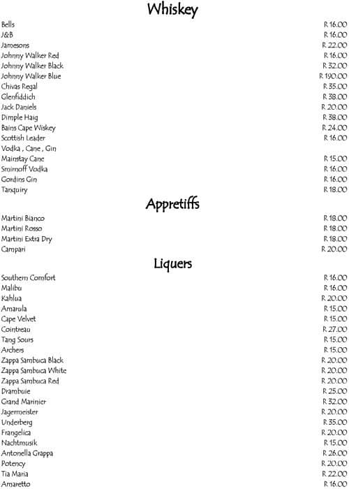 Menu at Cradle Moon Lakeside Game Lodge restaurant, Roodepoort