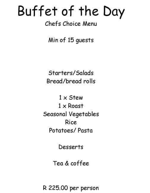 Menu at Cradle Moon Lakeside Game Lodge restaurant, Roodepoort
