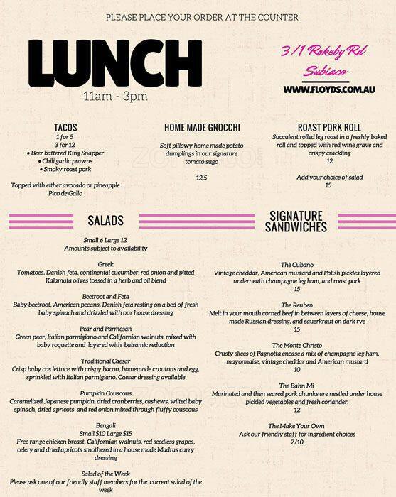 Floyd's Menu, Menu for Floyd's, Subiaco, Perth - Urbanspoon/Zomato
