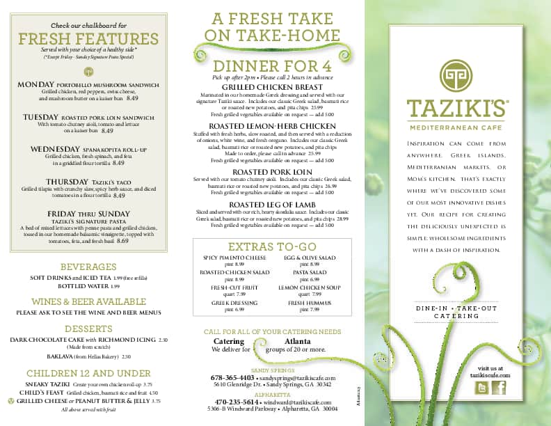 Menu at Taziki's Mediterranean Cafe - Alpharetta, Alpharetta