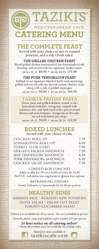 Menu at Taziki's Mediterranean Cafe - Alpharetta, Alpharetta